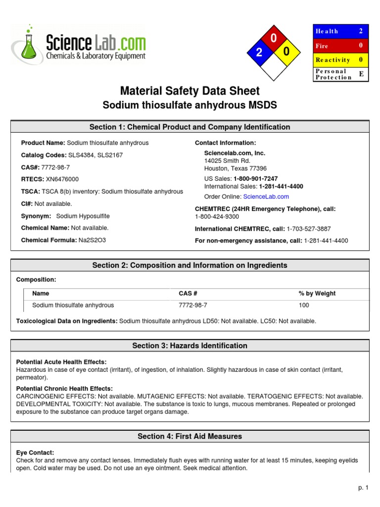 Anhydrous Sodium Sulfate Msds