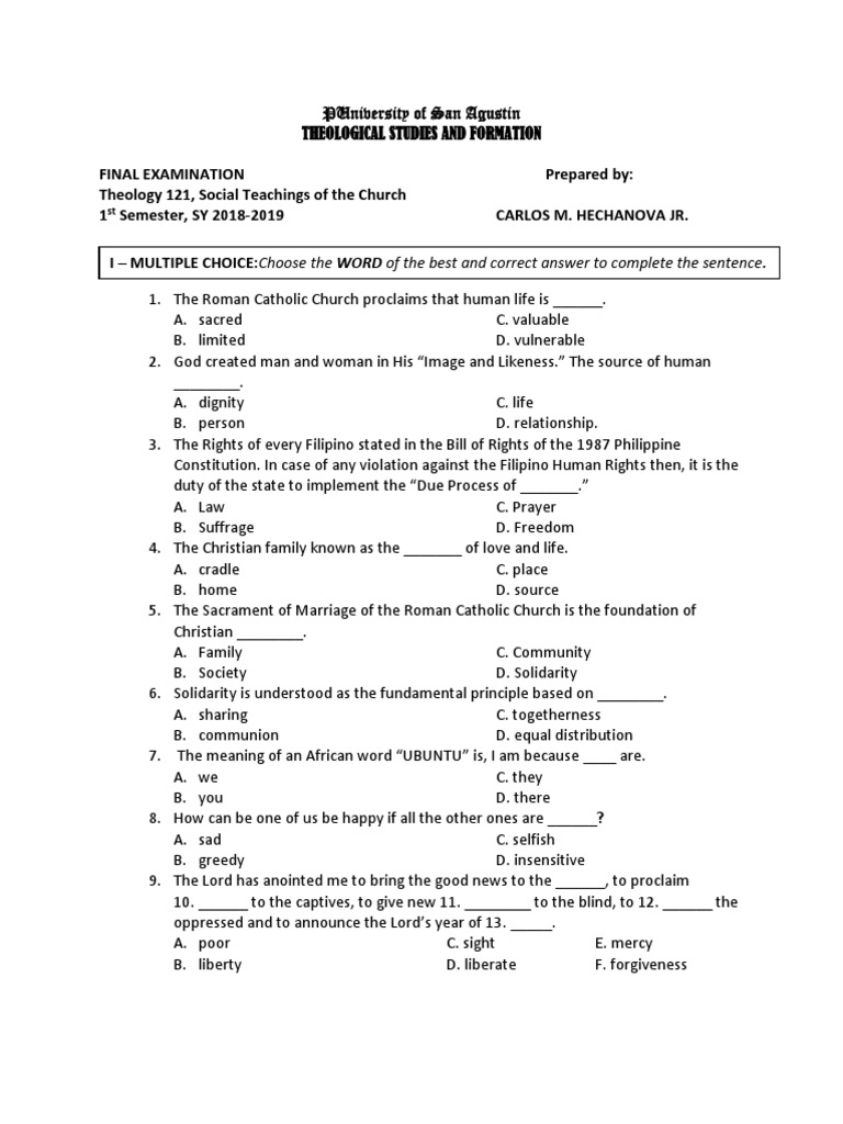 Final Test STC | PDF | Catholic Social Teaching | Catholic Church