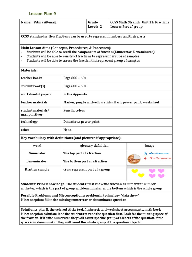Lesson Plan9 | PDF | Fraction (Mathematics) | Lesson Plan