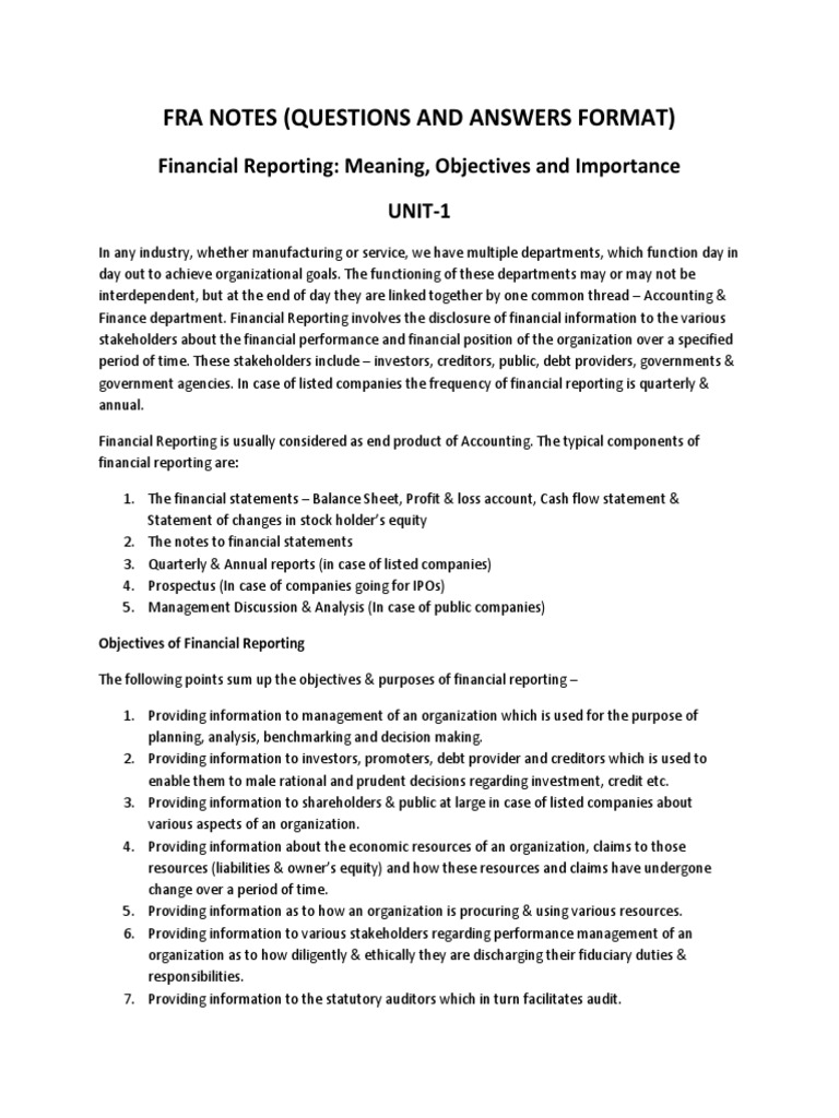 Fra Notes (Questions and Answers Format) : Financial Reporting: Meaning ...