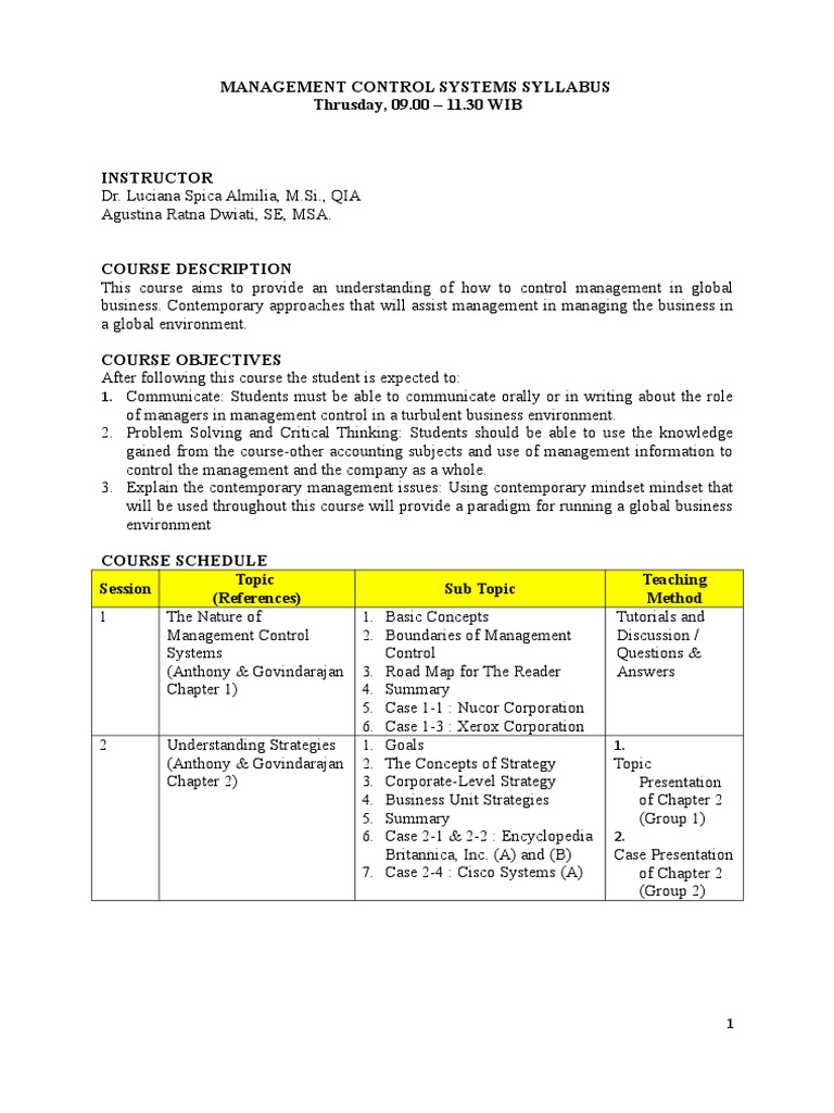 Syllabus Management Control Systems | PDF | Test (Assessment) | Goal