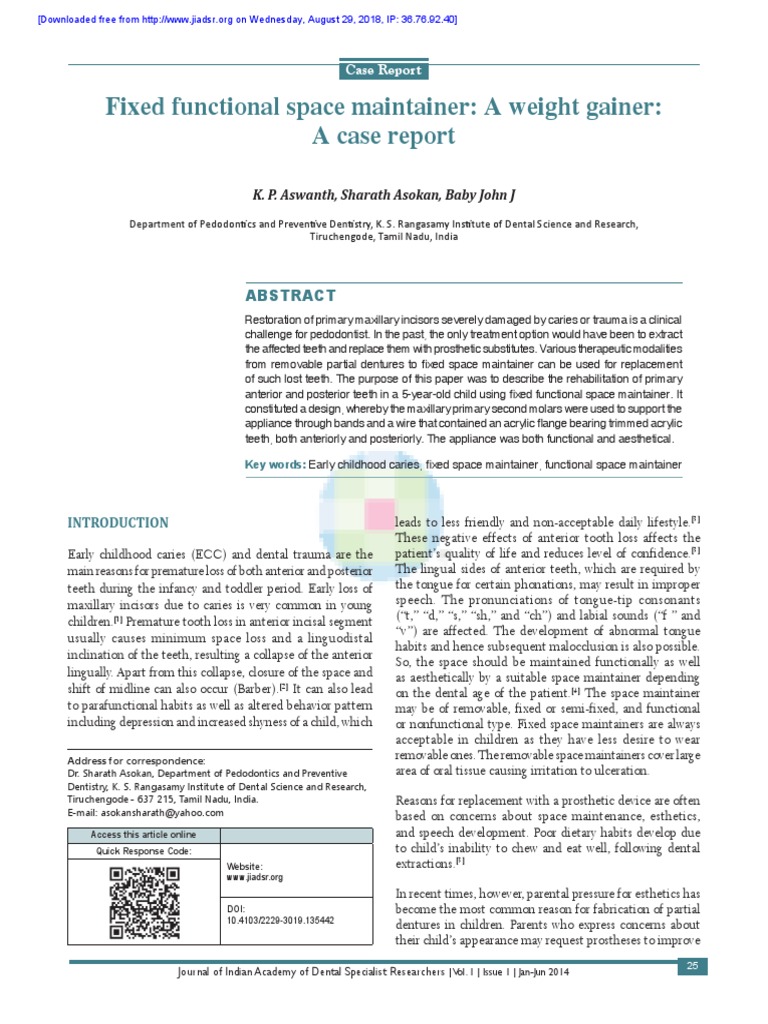 Aswanth 2014 Fixed Functional Space Maintainer A Weight Gainer | PDF ...