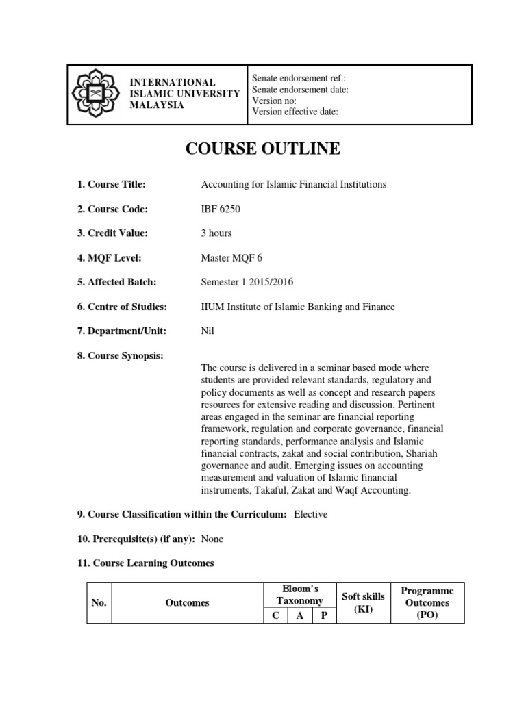 IBF 6250 Accounting For Islamic Financial Institutions Course Outline 2018 | PDF | Accounting ...