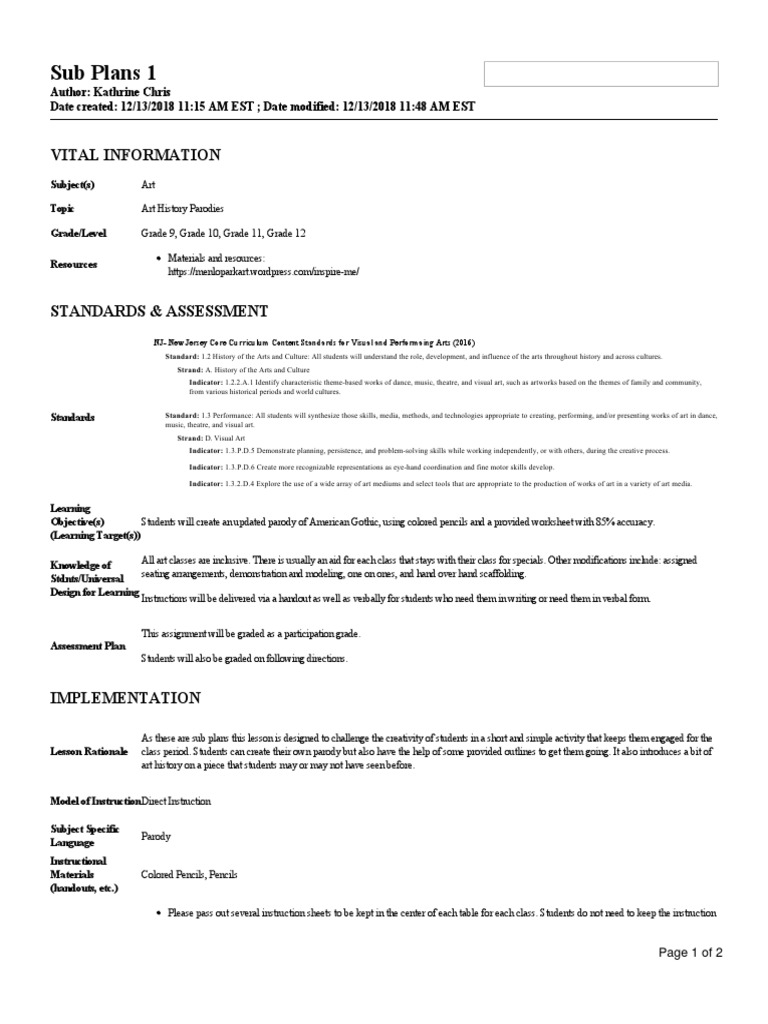 American Gothic Parody Project Guide | PDF | Teaching | Pedagogy