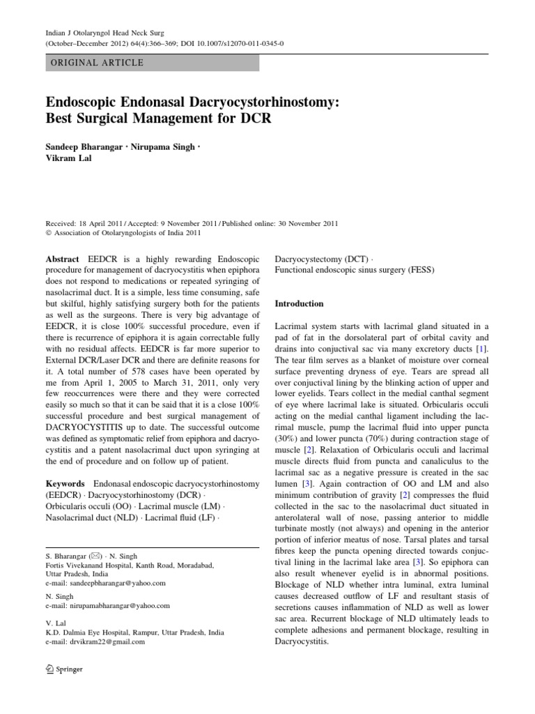 Endoscopic Endonasal Dacryocystorhinostomy: Best Surgical Management ...