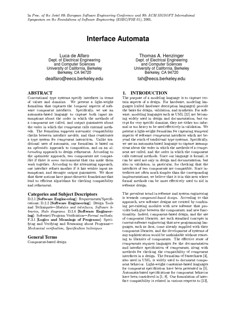 Interface Automata: Luca de Alfaro Thomas A. Henzinger | PDF | Computer Engineering | Engineering