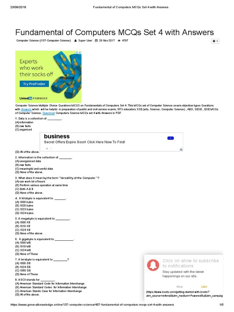 Fundamental of Computers Mcqs Set 4 With Answers: Business | PDF | Multiple Choice | C ...