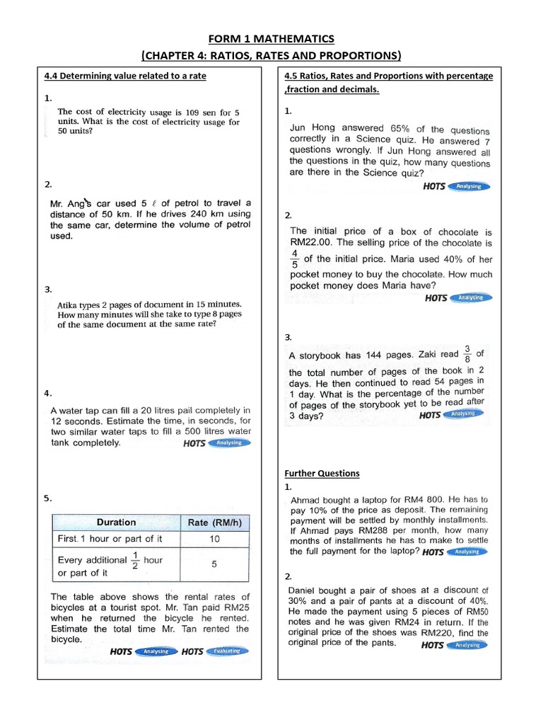 Form 1 Mathematics (Chapter 4: Ratios, Rates and Proportions) | PDF ...