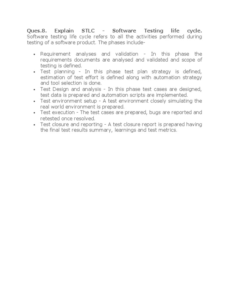 Ques.8. Explain STLC - Software Testing Life Cycle | PDF