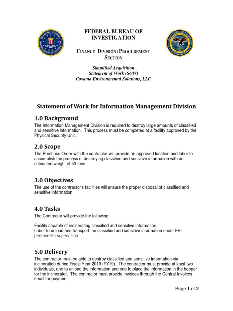 Statement of Work RFQ DJF-19-1700-PR-0000418 | PDF | Classified ...