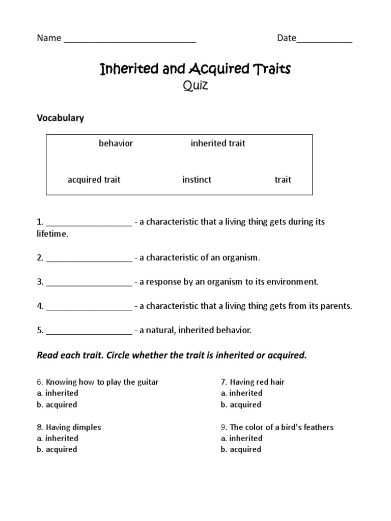 Inherited Vs Acquired Traits Worksheet Science Inherited And Acquired