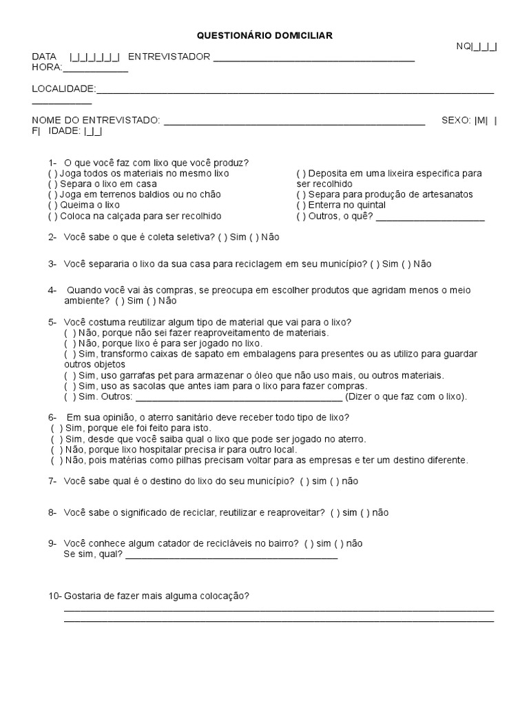 Questionário | PDF | Reciclagem | Desperdício
