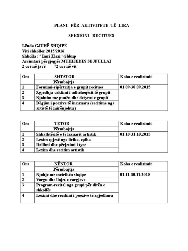 Plani Për Aktivitete Të Lira | PDF