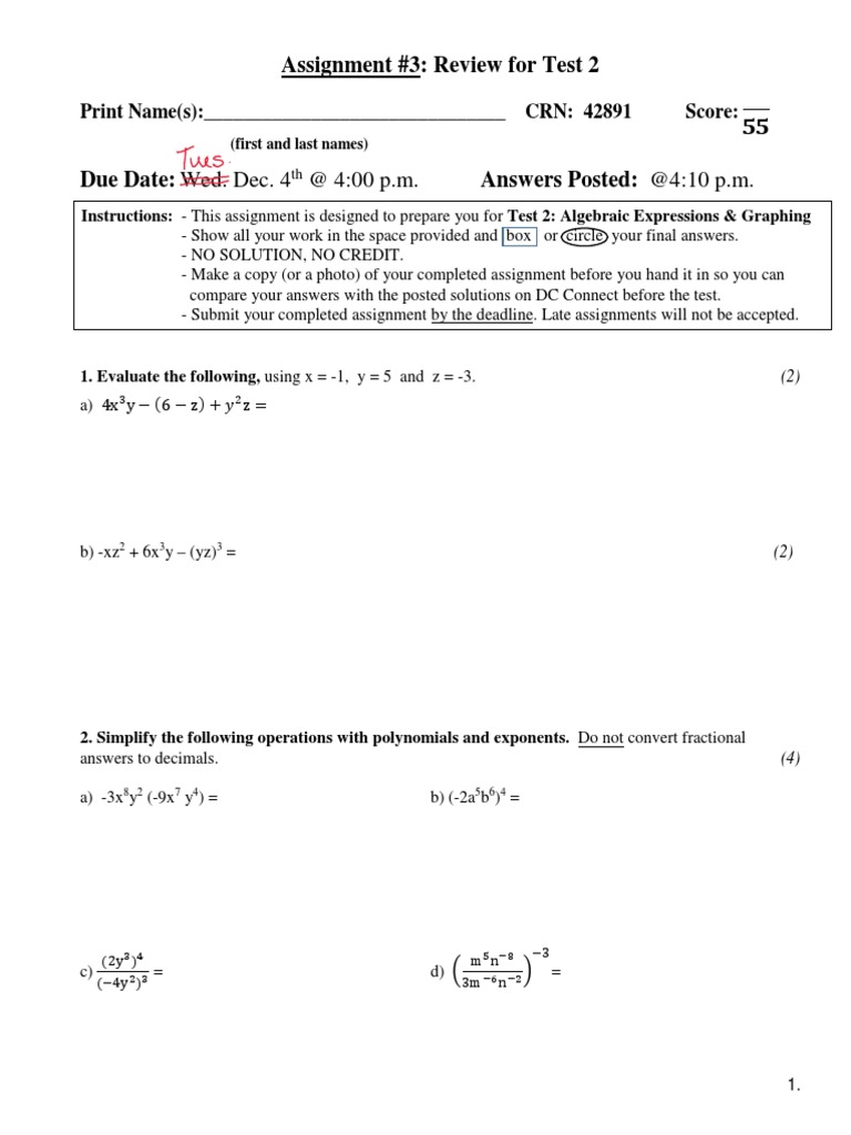 Algebra Test 2 Review Assignment | PDF | Litre | Equations