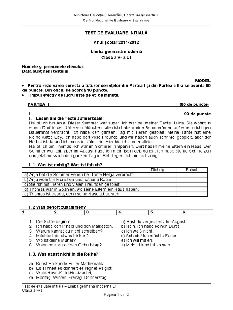 Evaluare Initiala LB Germana Cls 5 l1 Test PDF | PDF