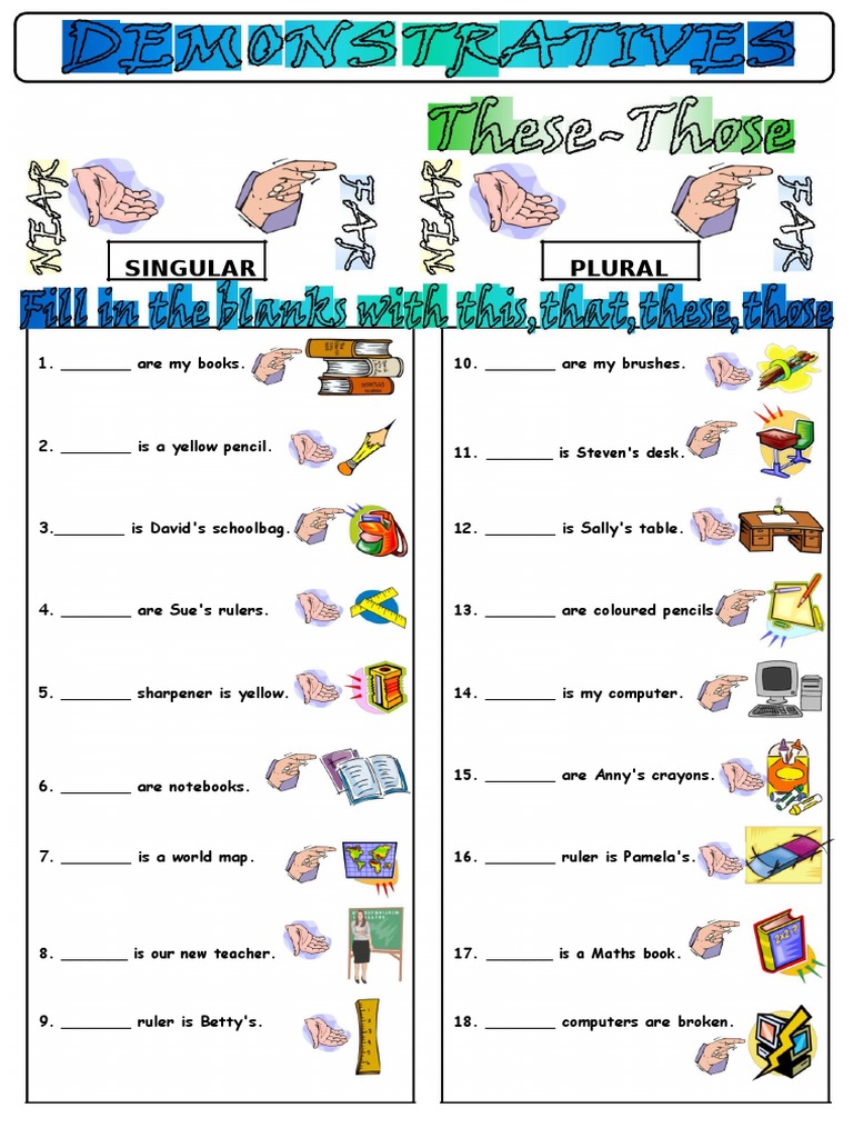 Demonstratives Demonstrative Pronouns This These That Those Worksheet 1 ...