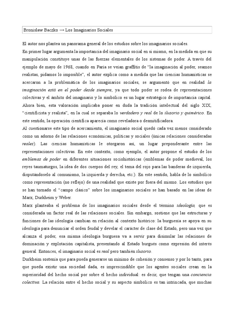 Baczko. Imaginarios Sociales | PDF | Ideologías | Sociedad