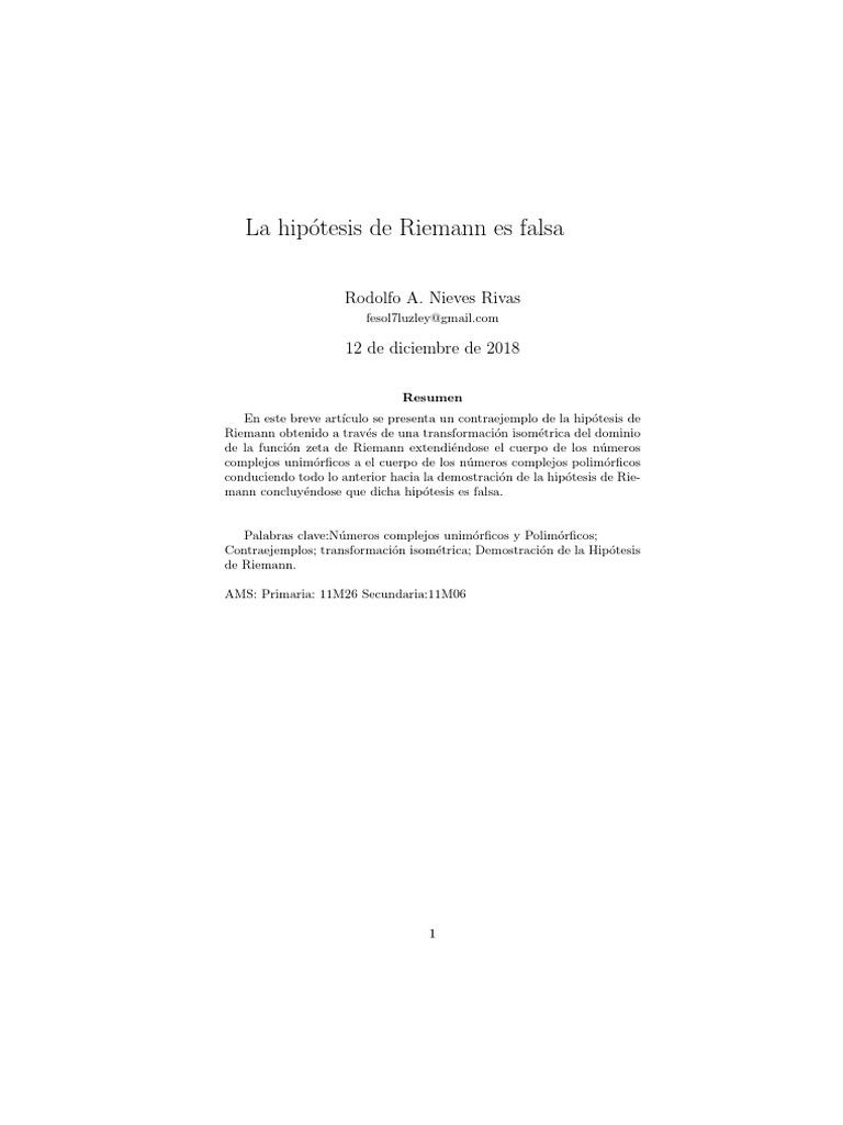 La Hip Otesis de Riemann Es Falsa: Rodolfo A. Nieves Rivas | PDF ...