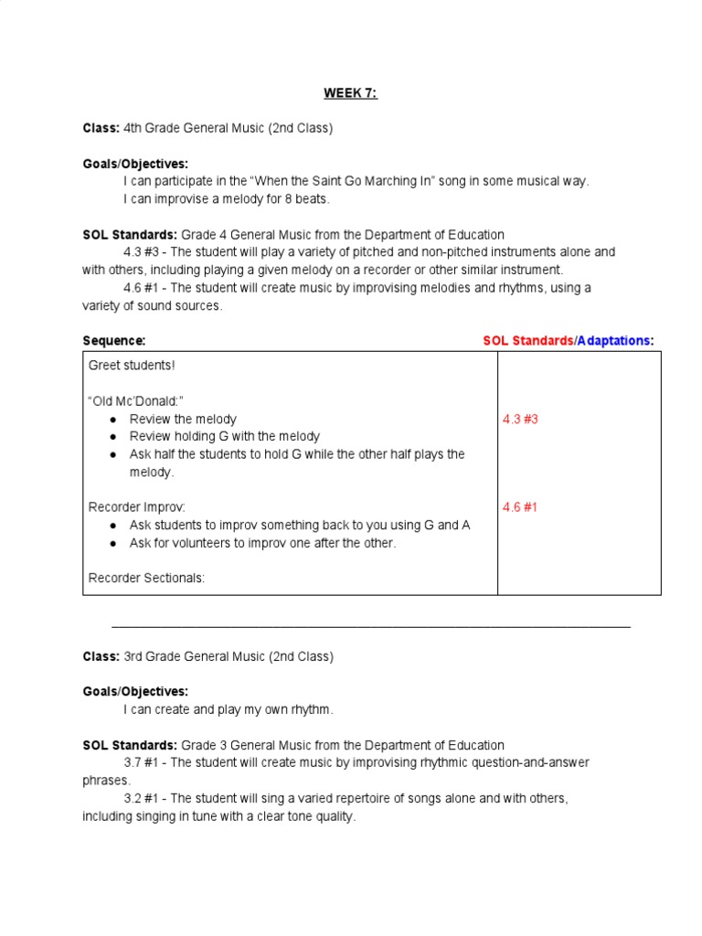 Week 7 Lesson Plans 2 | PDF | Singing | Recorder (Musical Instrument)