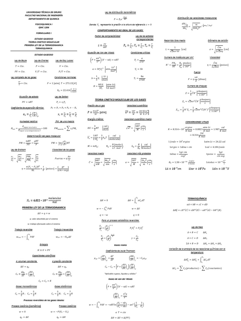 Formulario QMC 1206 | PDF | Física Matemática | Gases