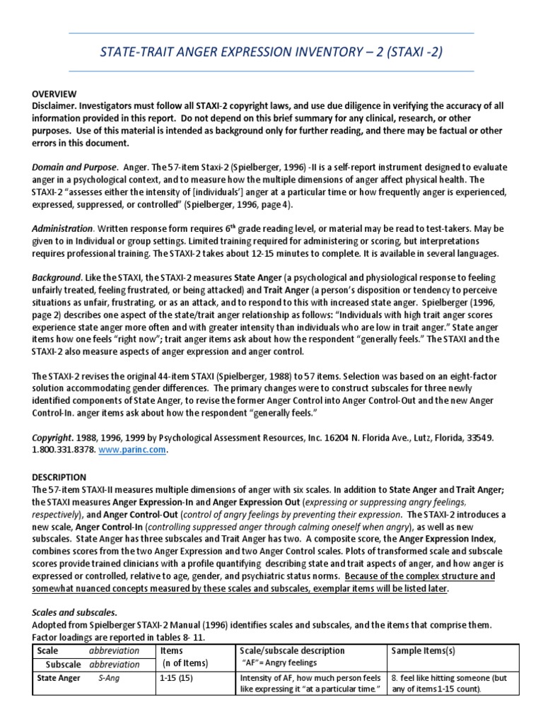 State-Trait Anger Expression Inventory - 2 (Staxi - 2) | PDF | Anger ...