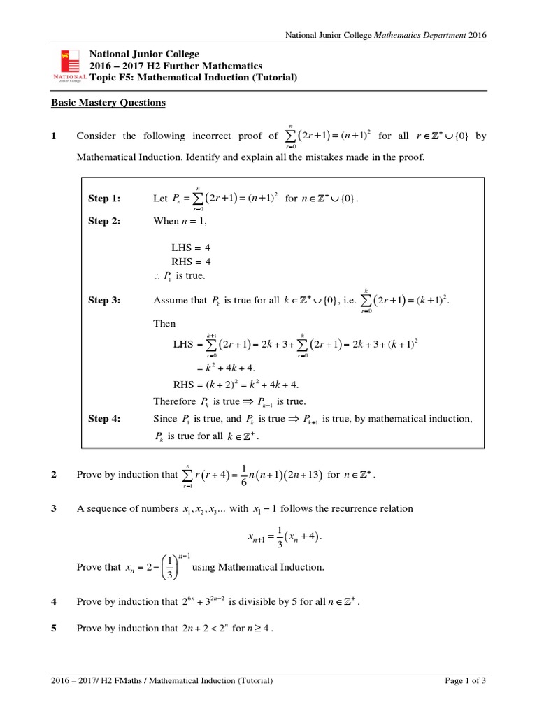 F05 2016 - 2017 H2 FMaths Mathematical Induction Tutorial | PDF | Elementary Mathematics | Numbers