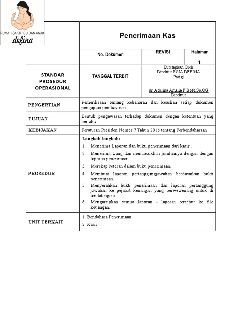 SOP Penerimaan Kas di RSIA Defina | PDF | Pengelolaan Keuangan & Uang