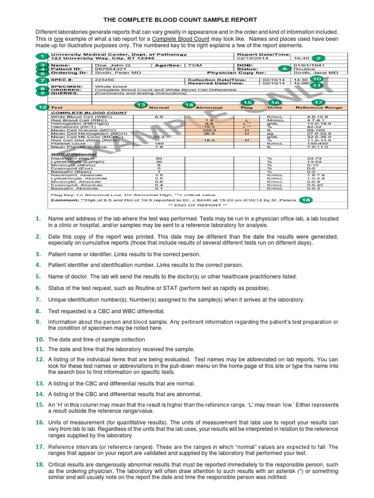CBC Sample Report With Notes | PDF | Health Sciences | Medical Specialties
