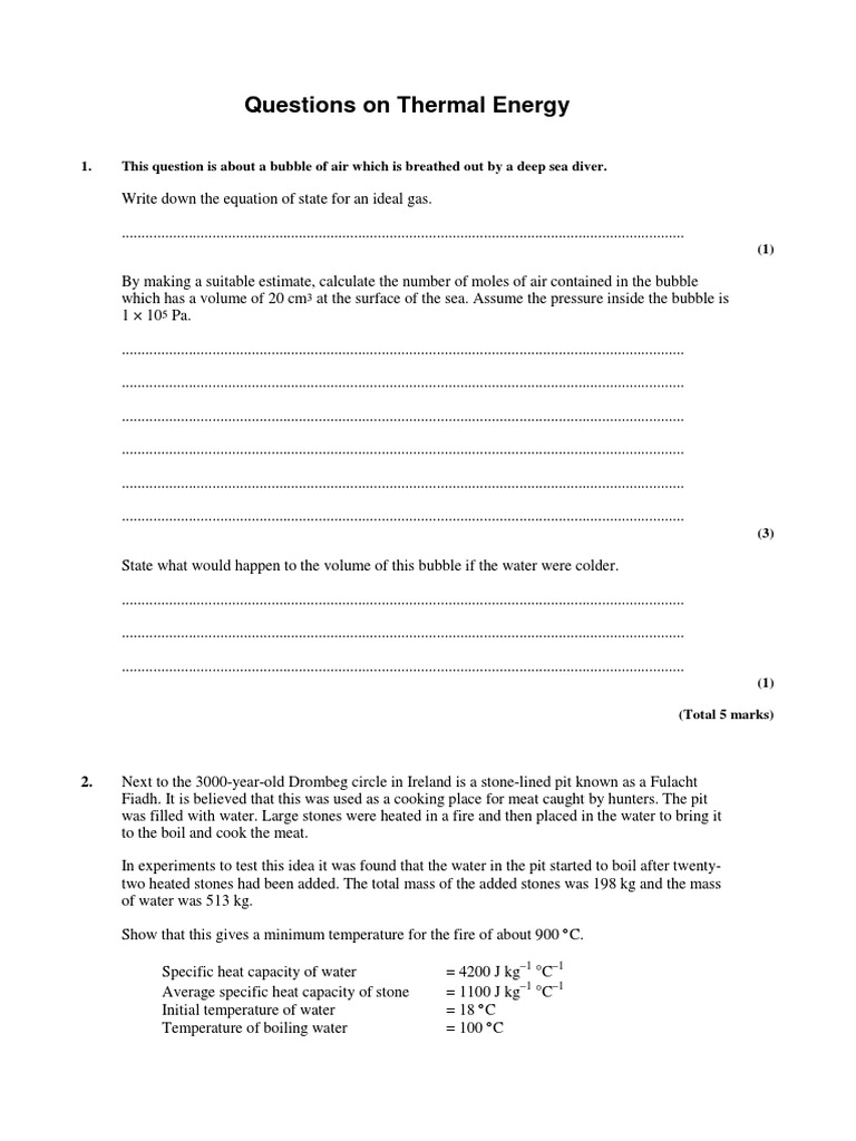 Questions On Thermal Energy: 1. This Question Is About A Bubble of Air ...