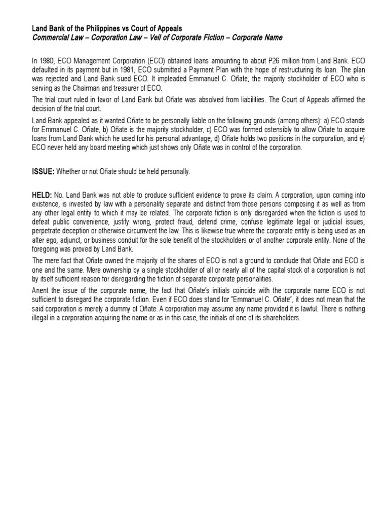 LBP v. CA Case Digest | PDF | Corporations | Justice