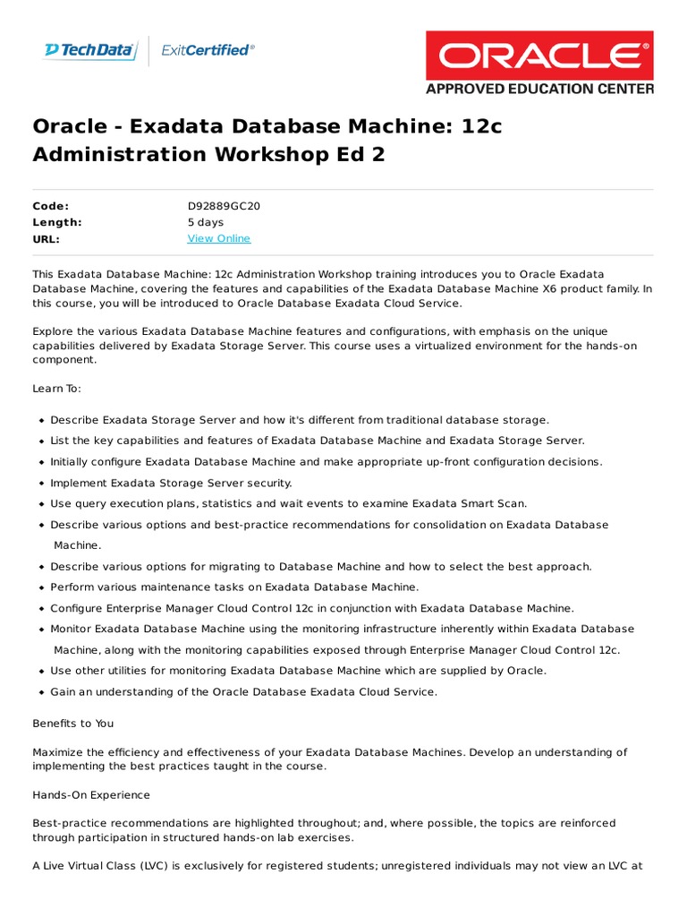 Exadata Database Machine 12c Administration Workshop Ed 2 | PDF | Oracle Database | Databases