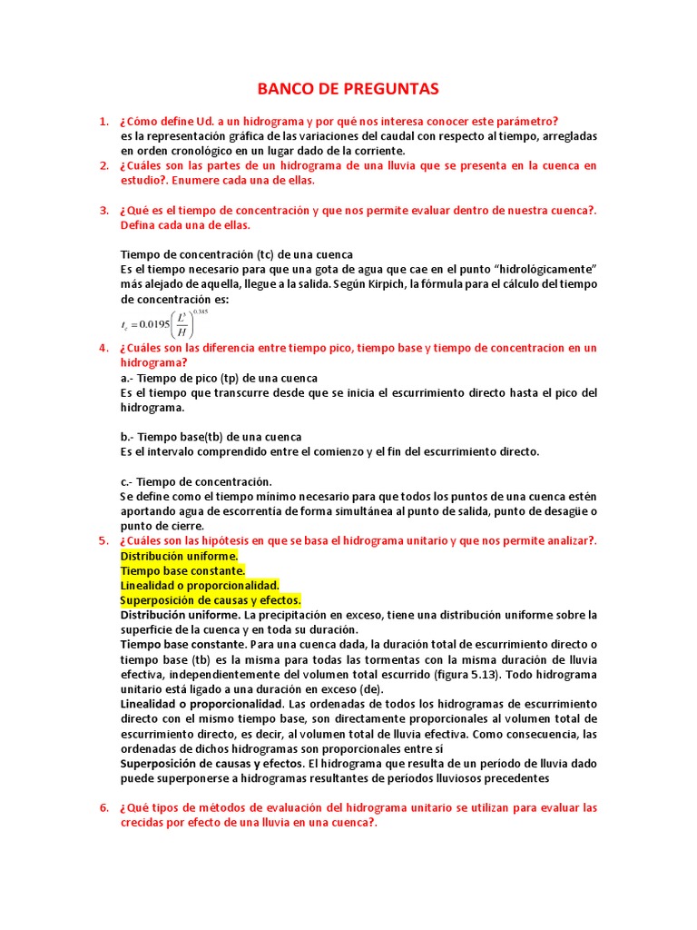 Banco de Preguntas Teoria-Hidro | PDF | Descarga (hidrología) | Lluvia