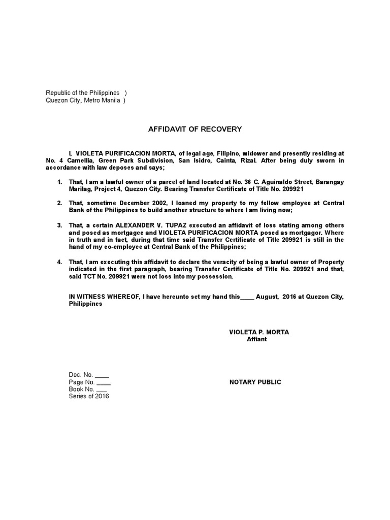 Affidavit of Recovery: Republic of The Philippines) Quezon City, Metro ...