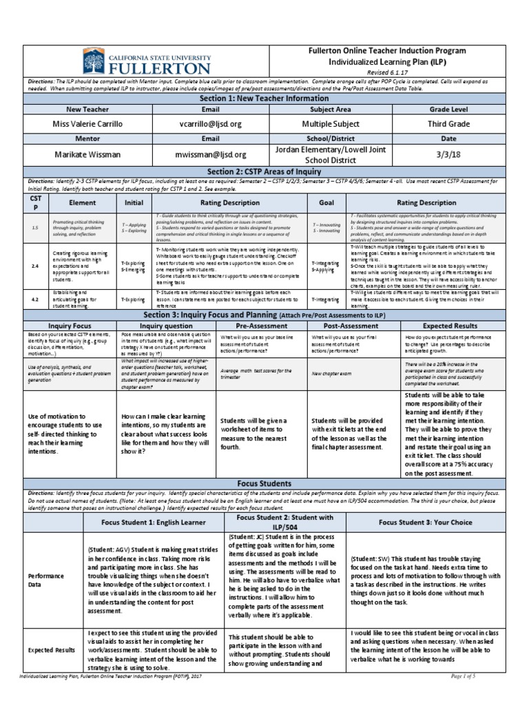 My Ilp-2018 | PDF | Educational Assessment | Teachers
