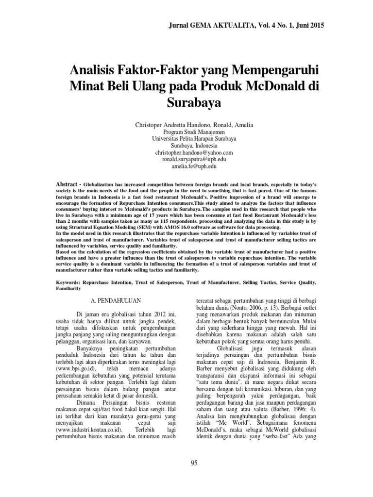 1.analisis Faktor-Faktor Yang Mempengaruhi Minat Beli Ulang Pada Produk McDonald Di Surabaya PDF ...