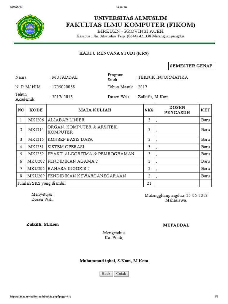 Contoh KRS Universitas Almuslim | PDF