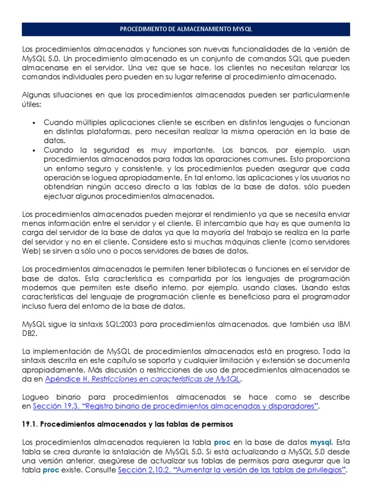 Procedimiento de Almacenamiento Mysql | PDF | SQL | Bases de datos