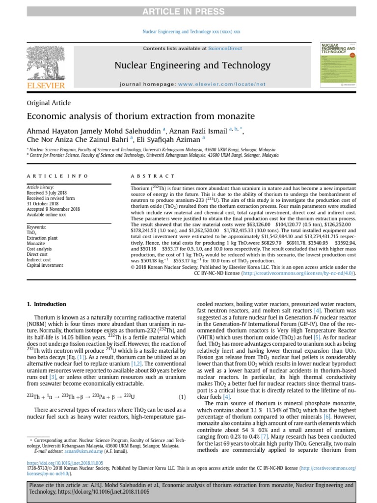 Economic Analysis of Thorium Extraction From Monazite - DR Aznan | PDF ...