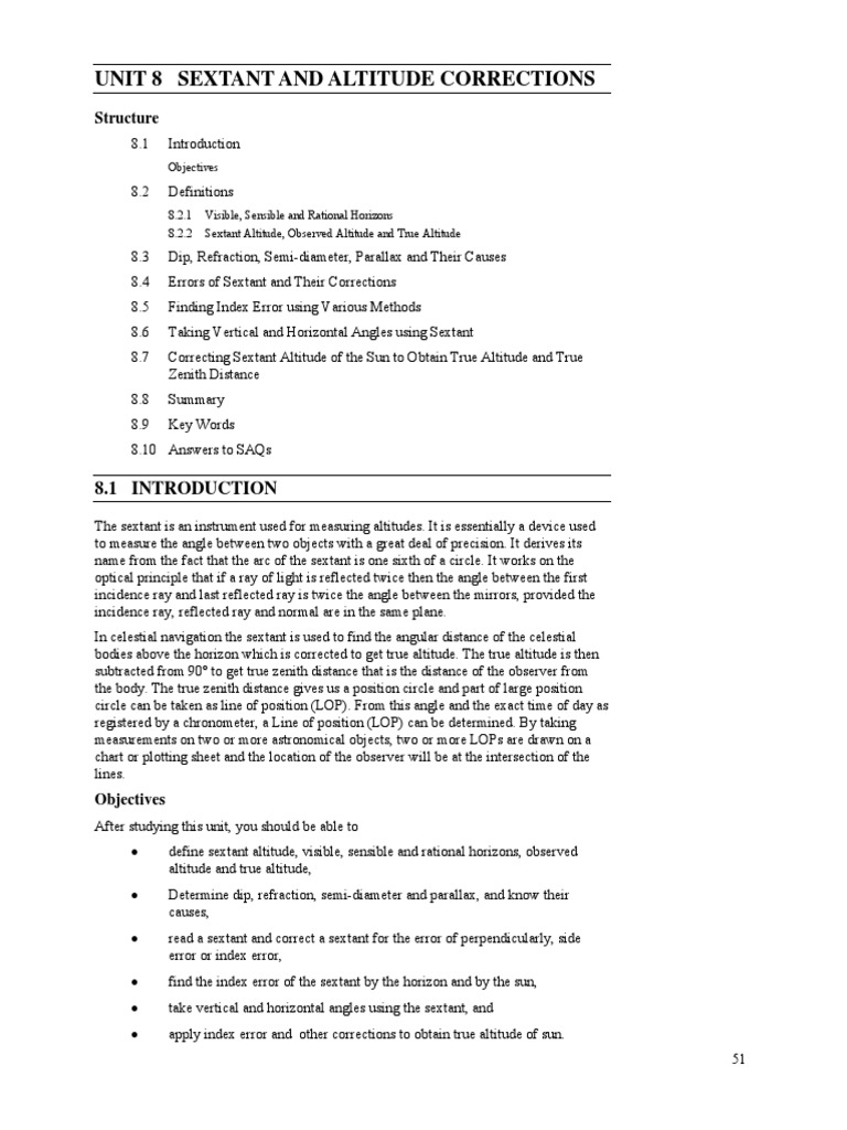 Unit 8 Sextant and Altitude Corrections: Structure | Download Free PDF ...
