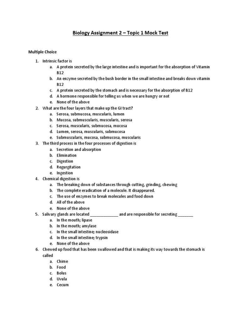 Biology Mock Test for Students | PDF | Digestion | Gastrointestinal Tract
