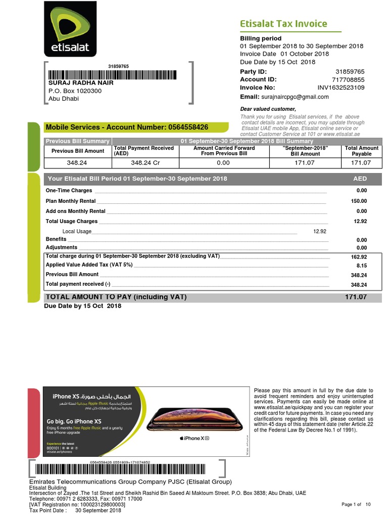 Etisalat Tax Invoice: Mobile Services - Account Number: 0564558426 ...