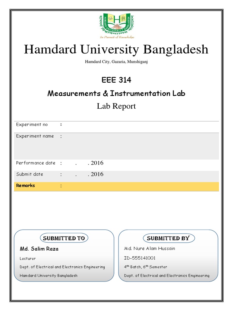 Hamdard University Bangladesh: EEE 314 Measurements & Instrumentation Lab | PDF