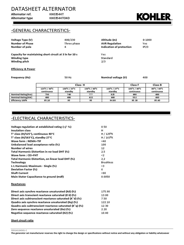 Datasheet Alternator: - General Characteristics | PDF | Electric ...