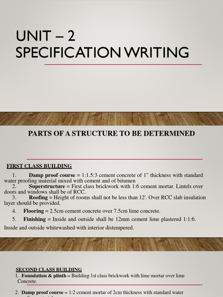 Unit - 2 Specification Writing | PDF | Concrete | Mortar (Masonry)