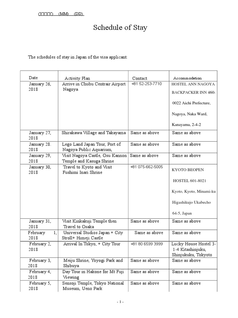 Schedule of Stay: (YYYY) (MM) (DD) | PDF | Tokyo | Shintoism