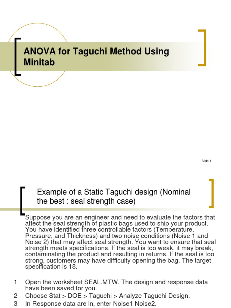 ANOVA For Taguchi Method Using Minitab: Slide 1 | PDF