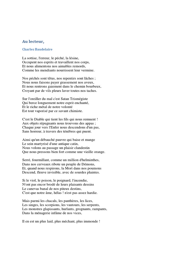 Au Lecteur, Charles Baudelaire | PDF | Droit | Poésie