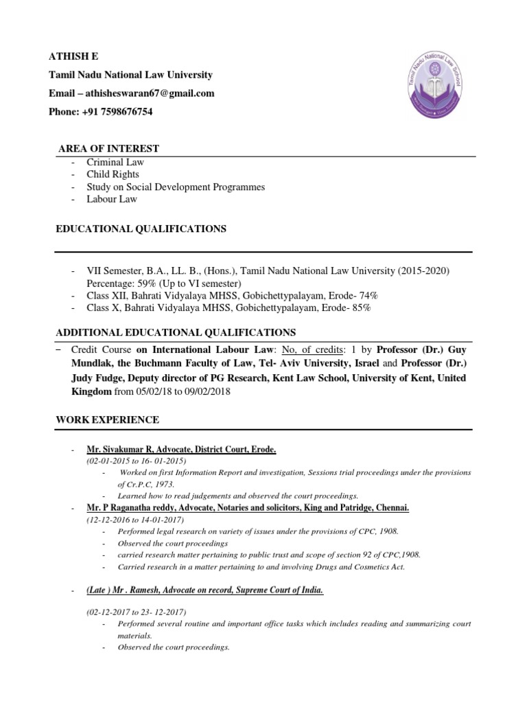 Cv-Athish Eswaran, Tnnlu | PDF | Advocate | Tamil Nadu