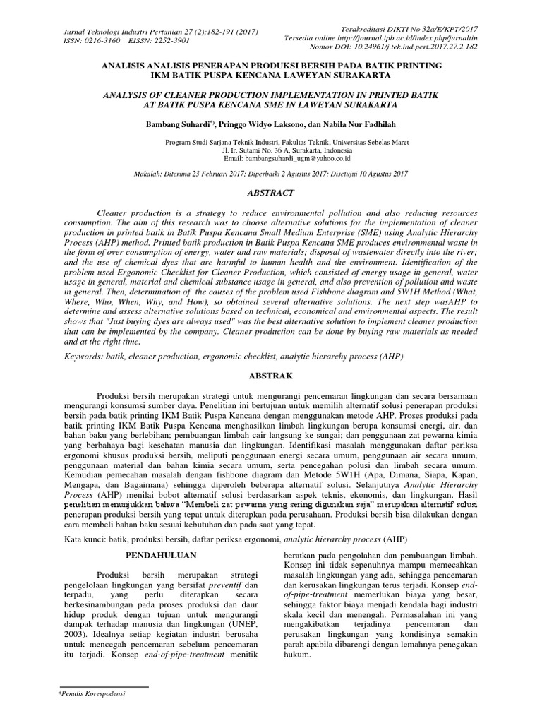 Analisis Penerapan Produksi Bersih Pada Batik Prin PDF | PDF