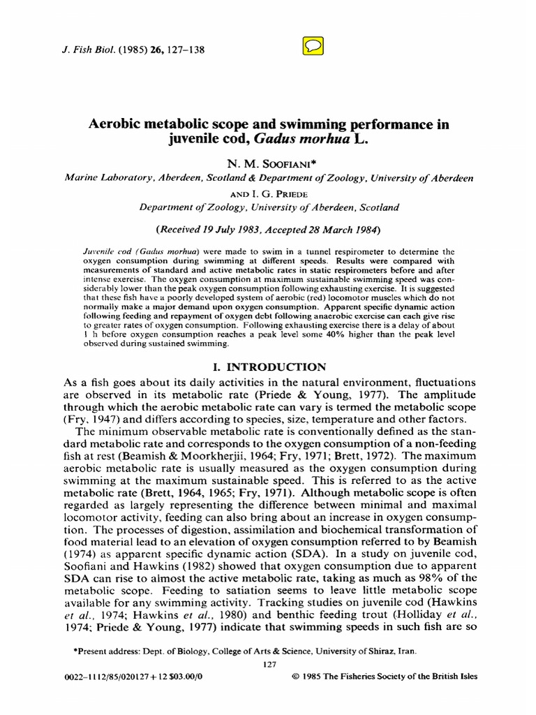 Aerobic Metabolic Scope and Swimming Performance in Juvenile Cod | PDF ...